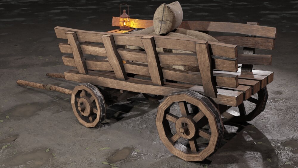 Stylized Medieval Cart with a Lantern Detailing and Bags 3D model ...