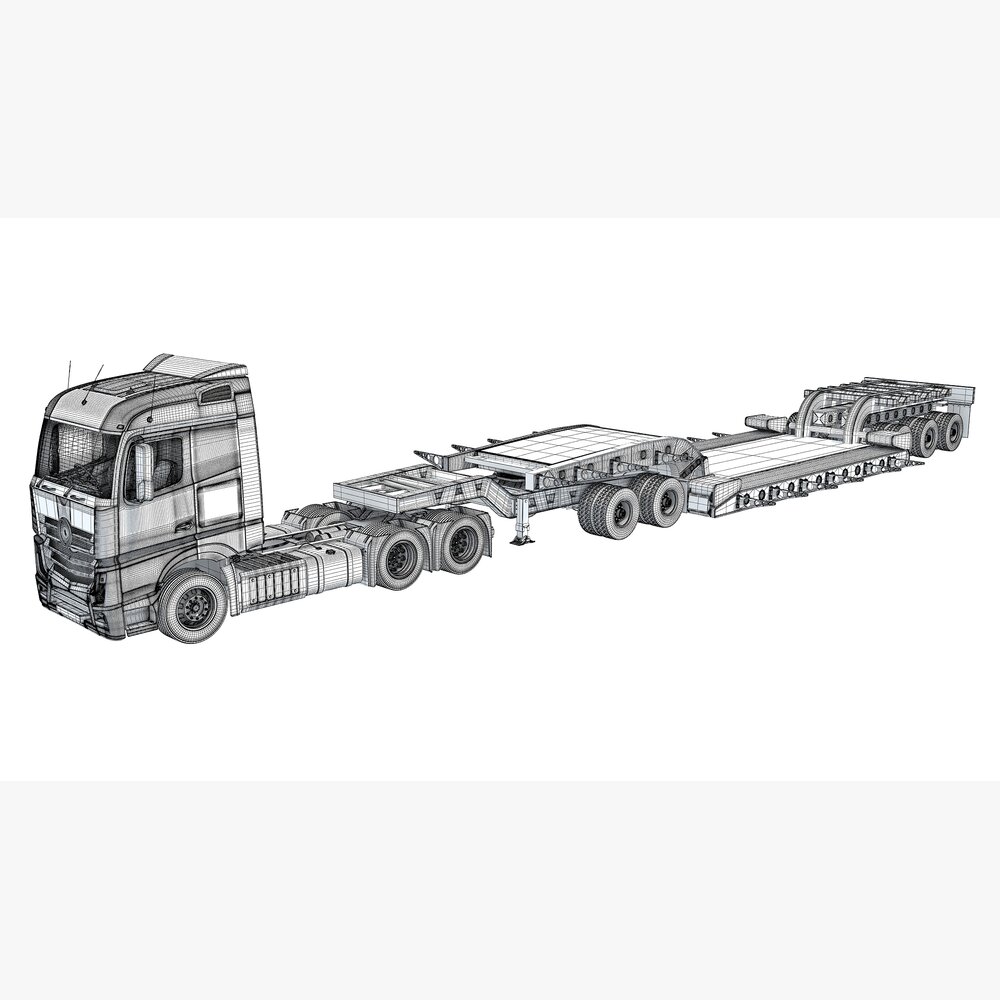 High Cab Truck With Lowboy Trailer 3D model - Download Truck on ...