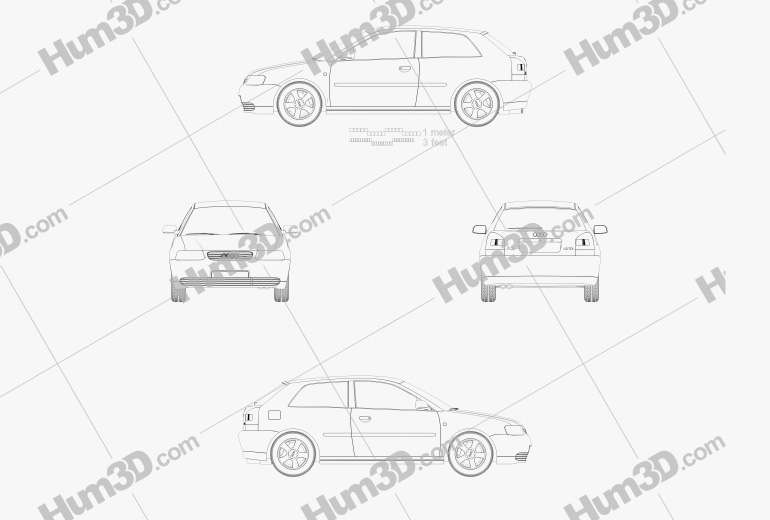 Audi A3 (8L) 3-door 2003 Blueprint - 3DModels.org