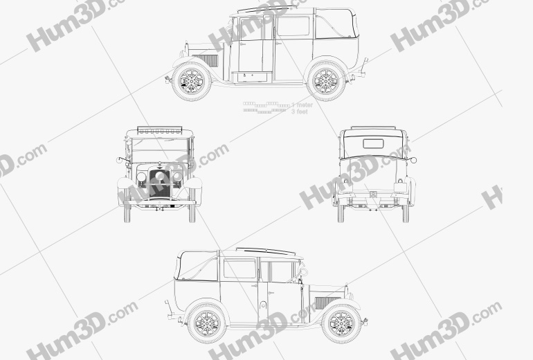 Austin 12/4 택시 1935 테크니컬 드로잉 - 3DModels.org