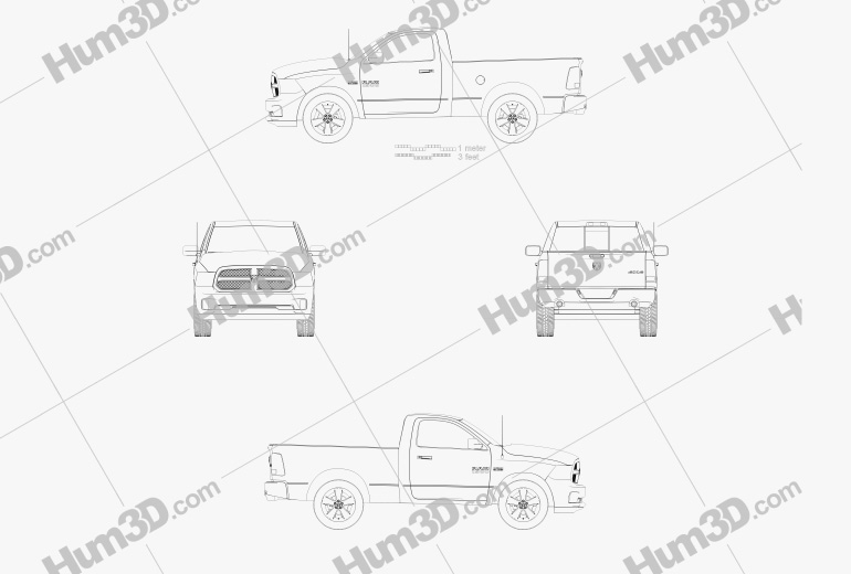 Dodge Ram 1500 Regular Cab Express Blackline 2017 Blueprint - 3DModels.org
