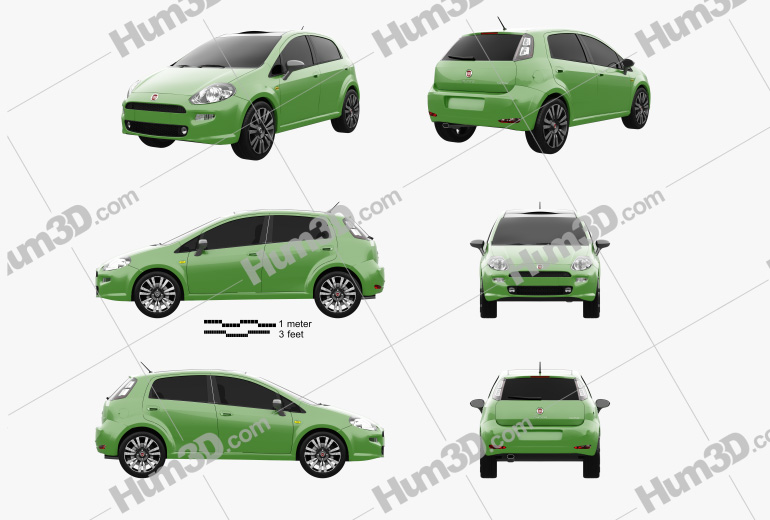 Fiat Punto TwinAir 5-door 2018 Blueprint Template - 3DModels.org