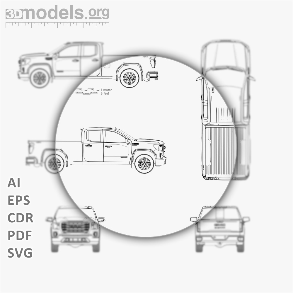 GMC Sierra 1500 Double Cab Standard Box Elevation 2022 Vector Blueprint ...