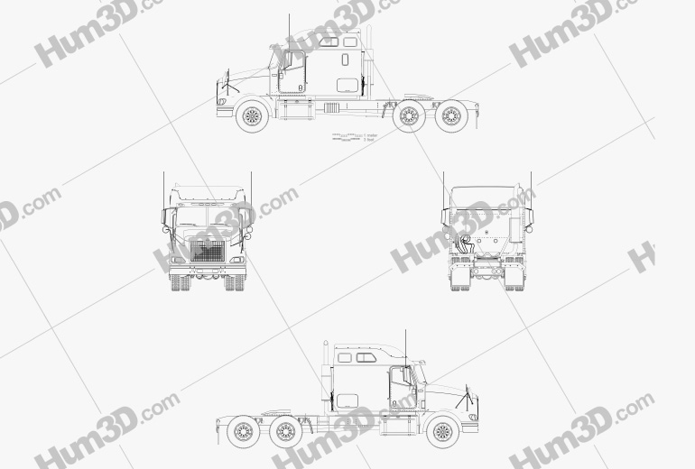 International 9400 Sleeper Cab Tractor Truck 2007 Blueprint - 3DModels.org