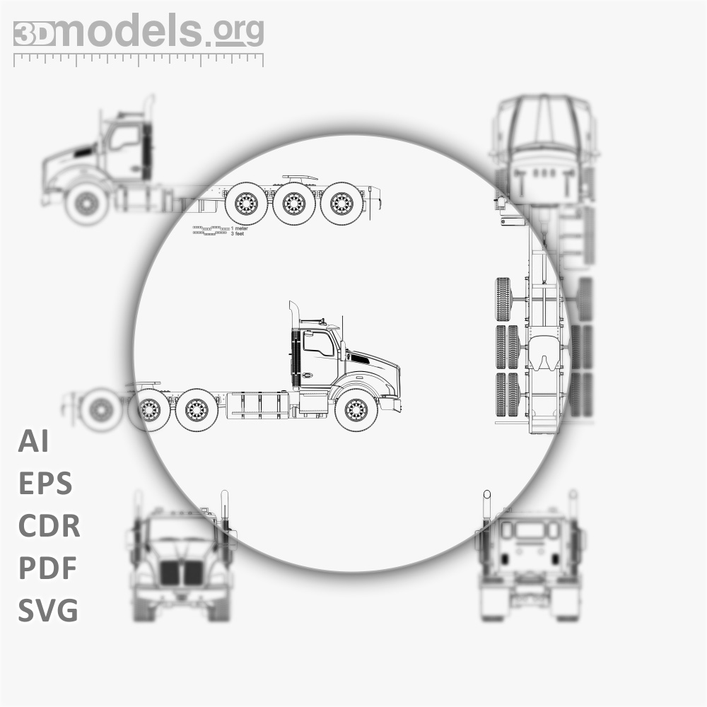 Kenworth T880 Chassis Truck 4-axle 2018 Vector Blueprint - 3DModels.org