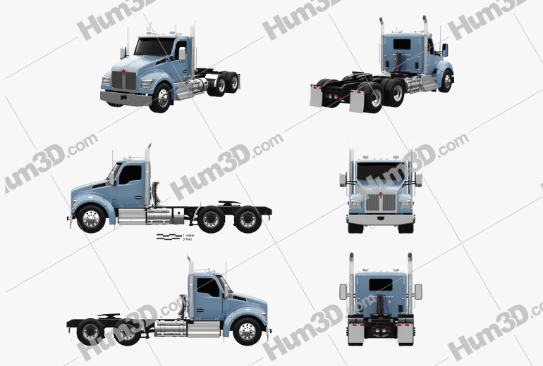 Kenworth T880 Day Cab Tractor Truck 2022 Blueprint Template - 3DModels.org