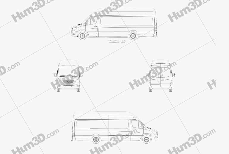 Mercedes-Benz Sprinter Panel Van ELWB SHR 2016 Blueprint - 3DModels.org