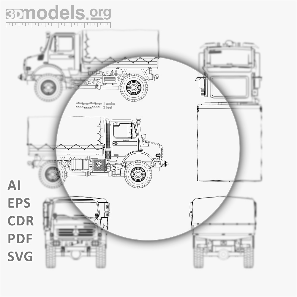 Mercedes-Benz Unimog U4000 Flatbed Canopy Truck 2003 Vector Blueprint ...