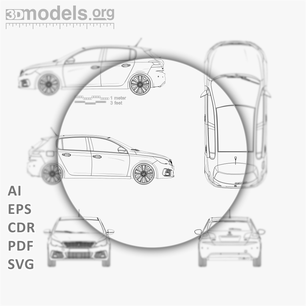 Peugeot 308 hatchback 2020 Vector Blueprint - 3DModels.org