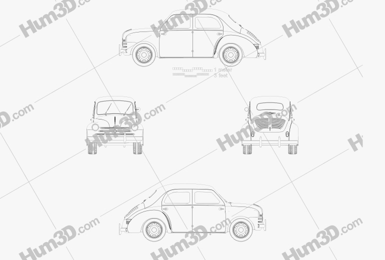 Renault 4CV sedan 1947-1961 Blueprint - 3DModels.org