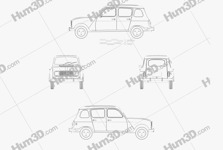 Renault 4 (R4) hatchback 1974 Blueprint - 3DModels.org