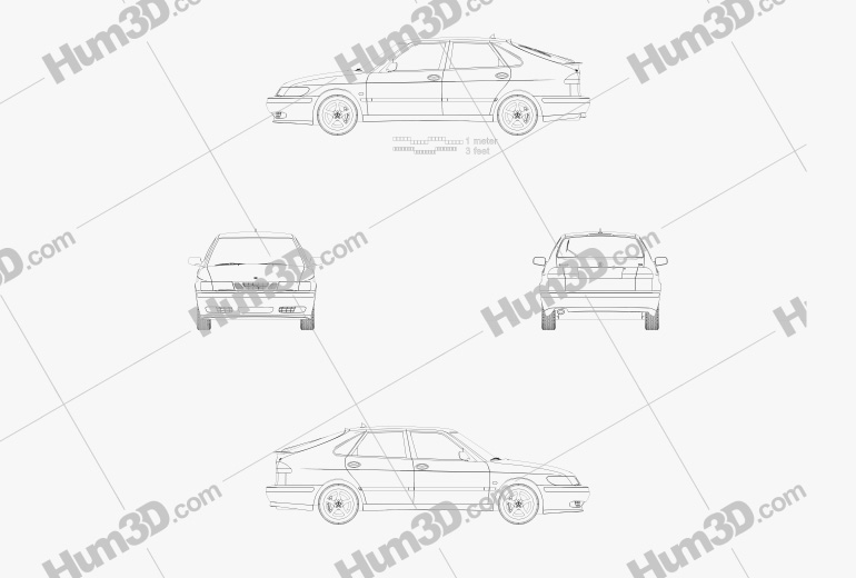 Saab 9-3 hatchback 5-door 2002 Blueprint - 3DModels.org