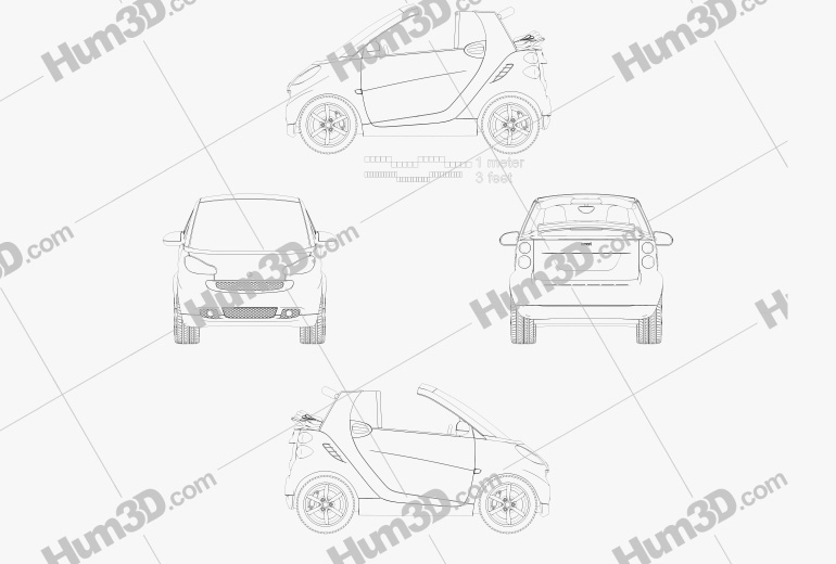 Smart Fortwo 2013 convertible Open Top Blueprint - 3DModels.org