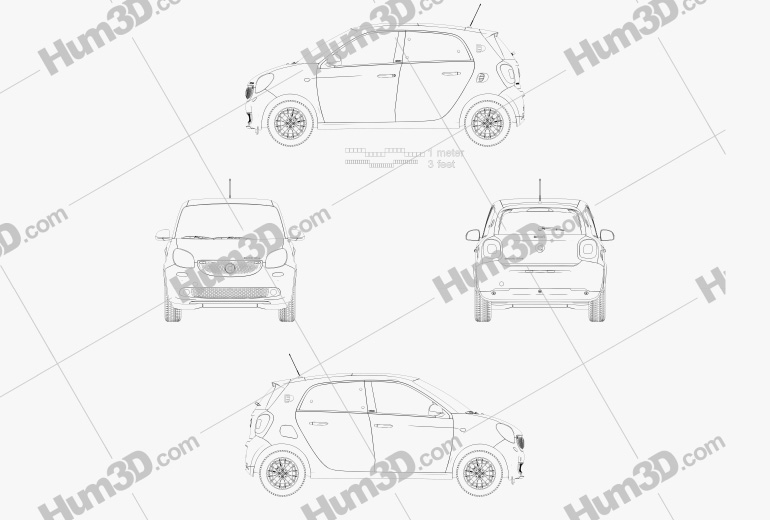 Smart ForFour Electric Drive 2020 Blueprint - 3DModels.org