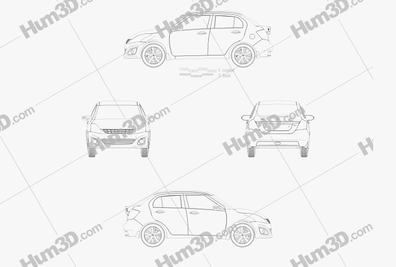 Suzuki (Maruti) Swift Dzire sedan 2015 Blueprint - 3DModels.org
