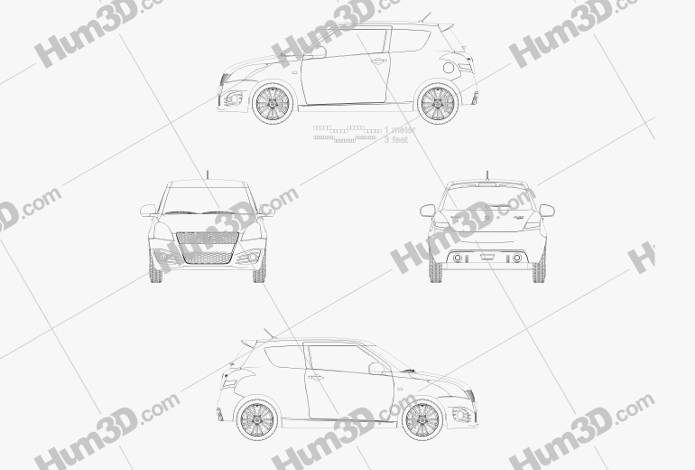 Suzuki Swift Sport hatchback 3-door 2017 Blueprint - 3DModels.org