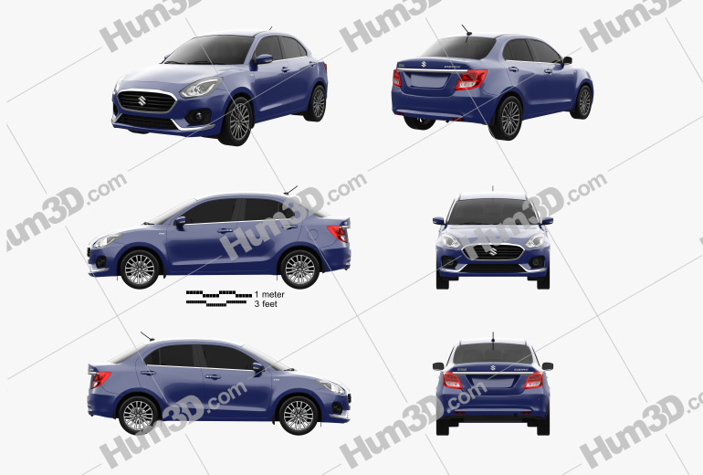 Suzuki (Maruti) Swift Dzire 2020 Blueprint Template - 3DModels.org