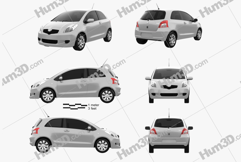 Toyota Yaris 3-door 2008 Blueprint Template - 3DModels.org
