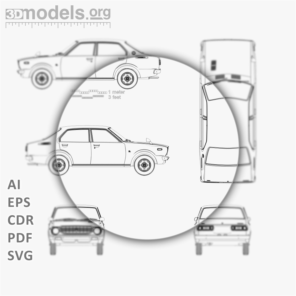 Toyota Corolla 4-door sedan 1974 Vector Blueprint - 3DModels.org