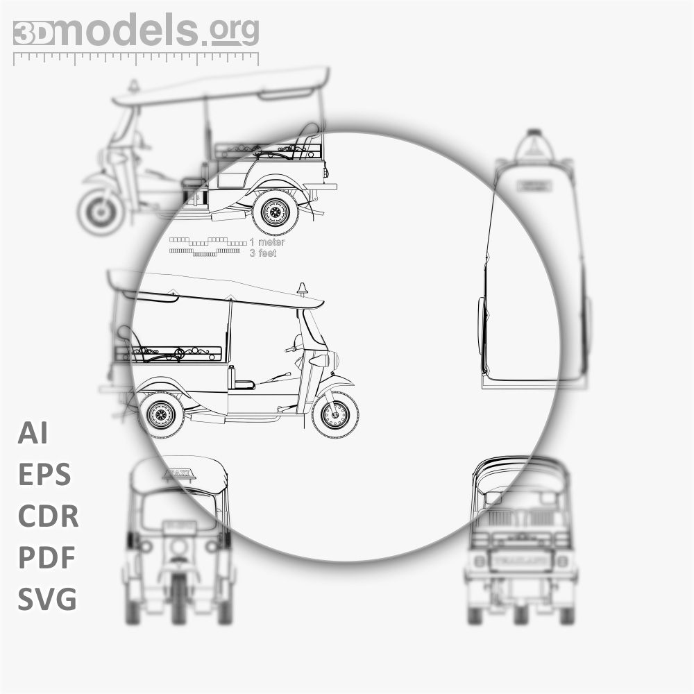 Tuk-Tuk Thailand Auto rickshaw 1980 Vector Blueprint - 3DModels.org