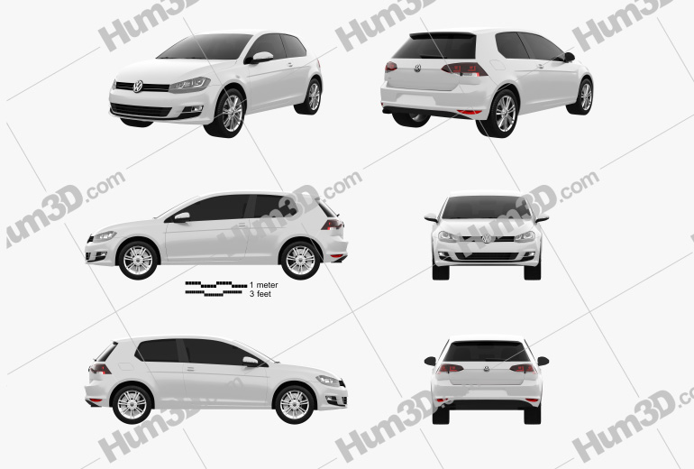 Volkswagen Golf Mk7 3-door 2016 Blueprint Template - 3DModels.org