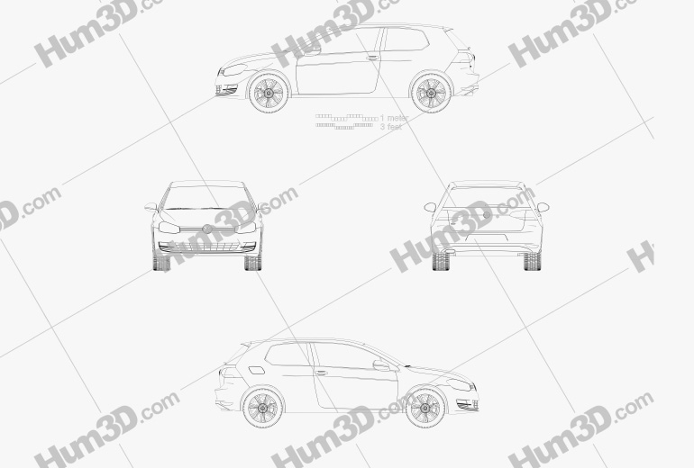 Volkswagen Golf Mk7 3-door 2016 Blueprint - 3DModels.org