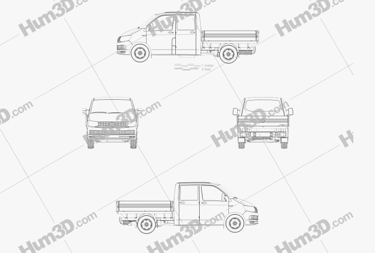 Volkswagen Transporter (T6) Double Cab Pickup 2019 Blueprint - 3DModels.org