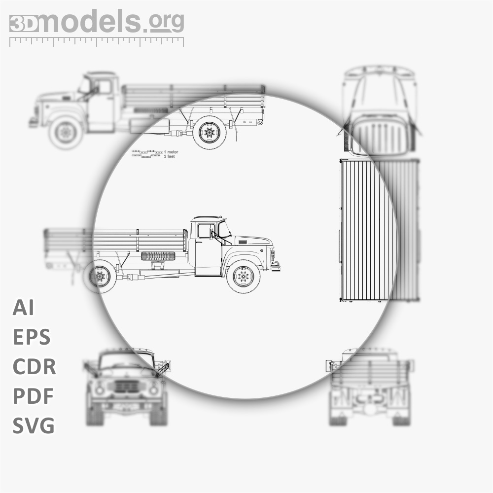 ZIL 130 フラットベッドトラック 1964 ベクター設計図 - 3DModels.org