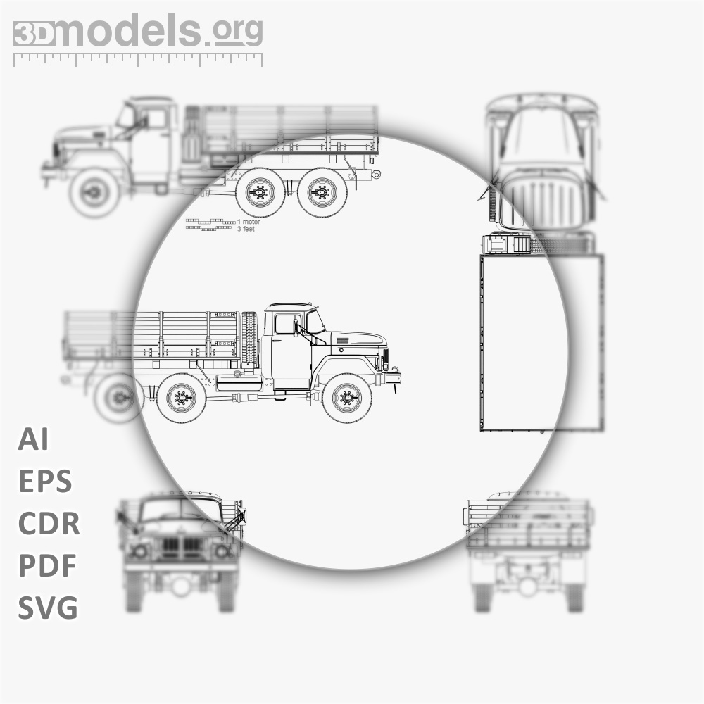 ZIL 131 Flatbed Truck 1966 Vector Blueprint - 3DModels.org