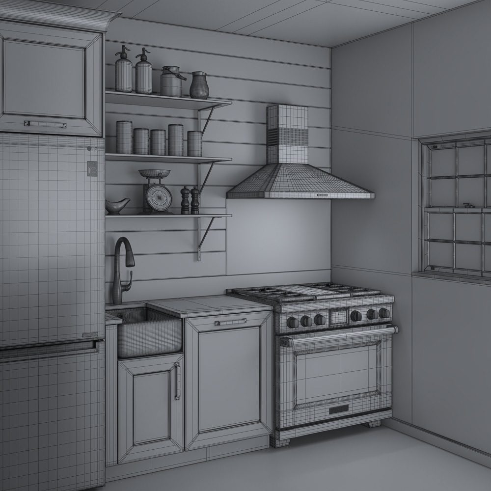 Traditional Country Blue Kitchen Design Small 3D model - Download ...