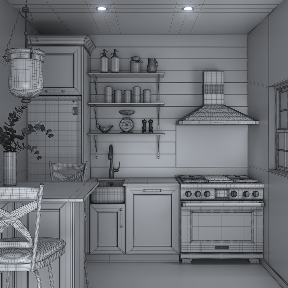Traditional Country Blue Kitchen Design Small 3D model - Download ...