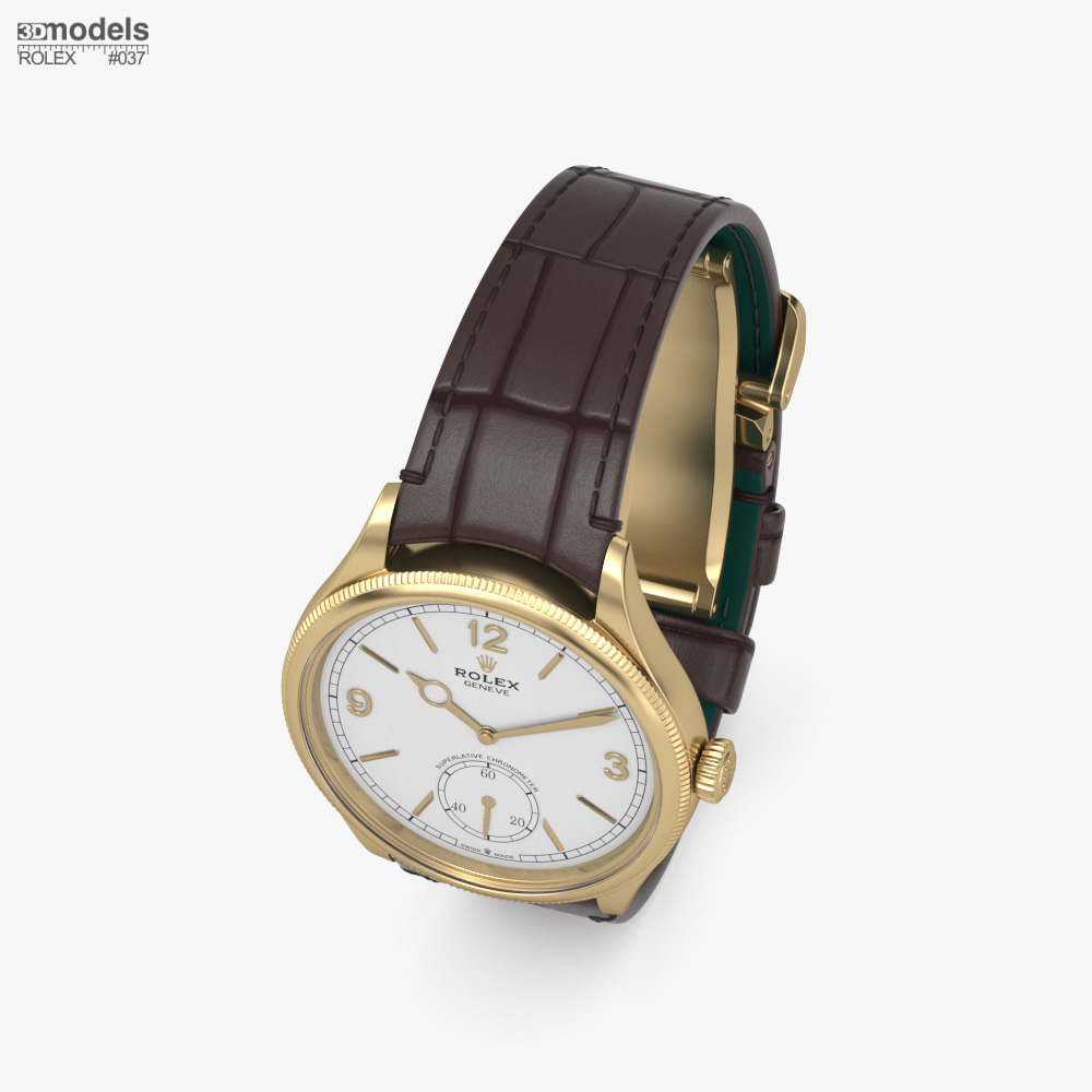 Rolex 1908 Yellow Gold Bezel Brown Leather Strap 3D model - Download ...