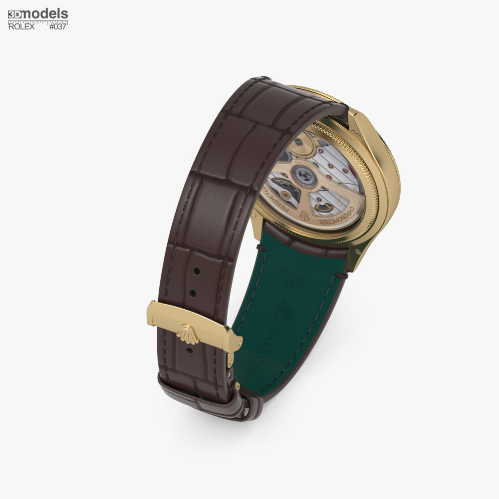 Rolex 1908 Yellow Gold Bezel Brown Leather Strap 3D model - Download ...