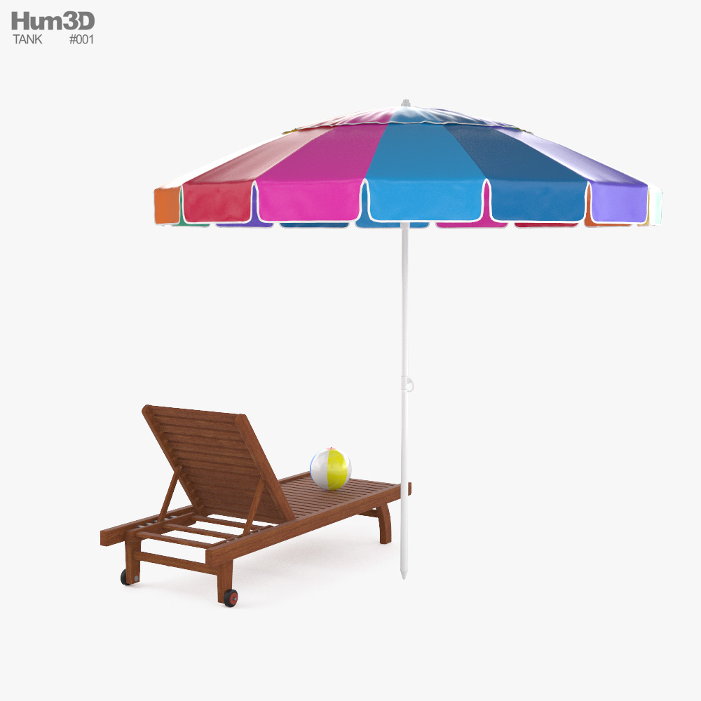 Beach Umbrella with Wooden Beach Chair 3D model - Download Chair on ...