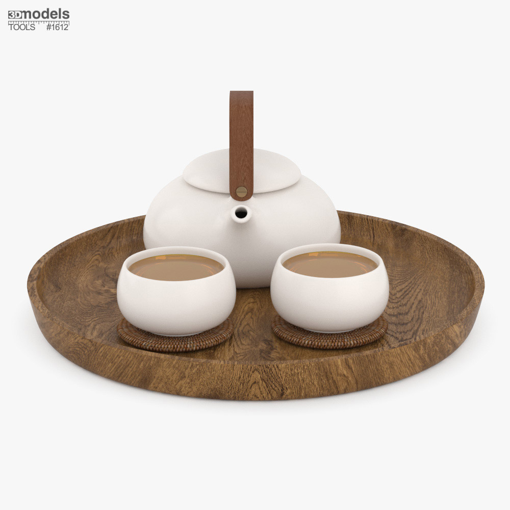 Herbal Tea with Two White Tea Cups and Teapot 3D model - Download ...