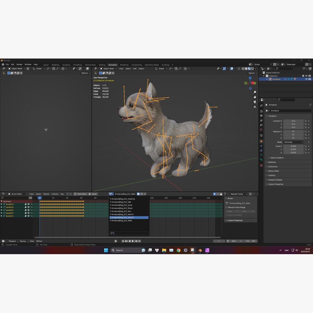 Model 3D Câine Gri Animat - Descarcă Mamifere pe 3DModels.org