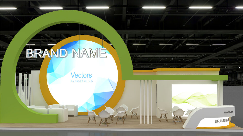 Exhibition Booth Design with Circular Archway and Seating Area 3D model ...