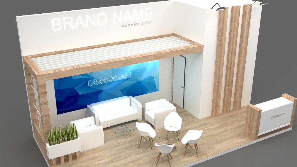 Exhibition Booth with Wooden Accents and Reception Desk 3D model ...