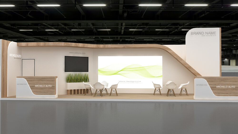 Stand de Salon avec Accents en Bois et Écran Interactif Modèle 3D ...