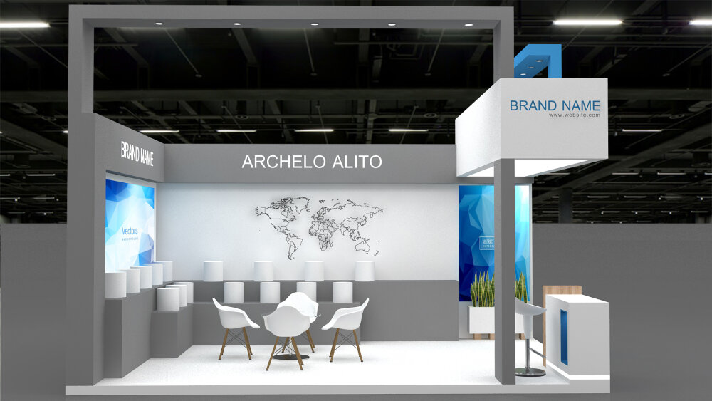Trade Show Exhibition Booth with Seating and Branding Elements 3D model ...