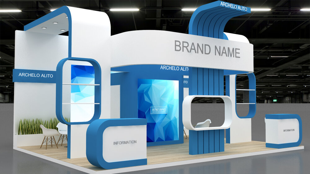 Trade Show Exhibition Booth with Information Display and Seating Area ...