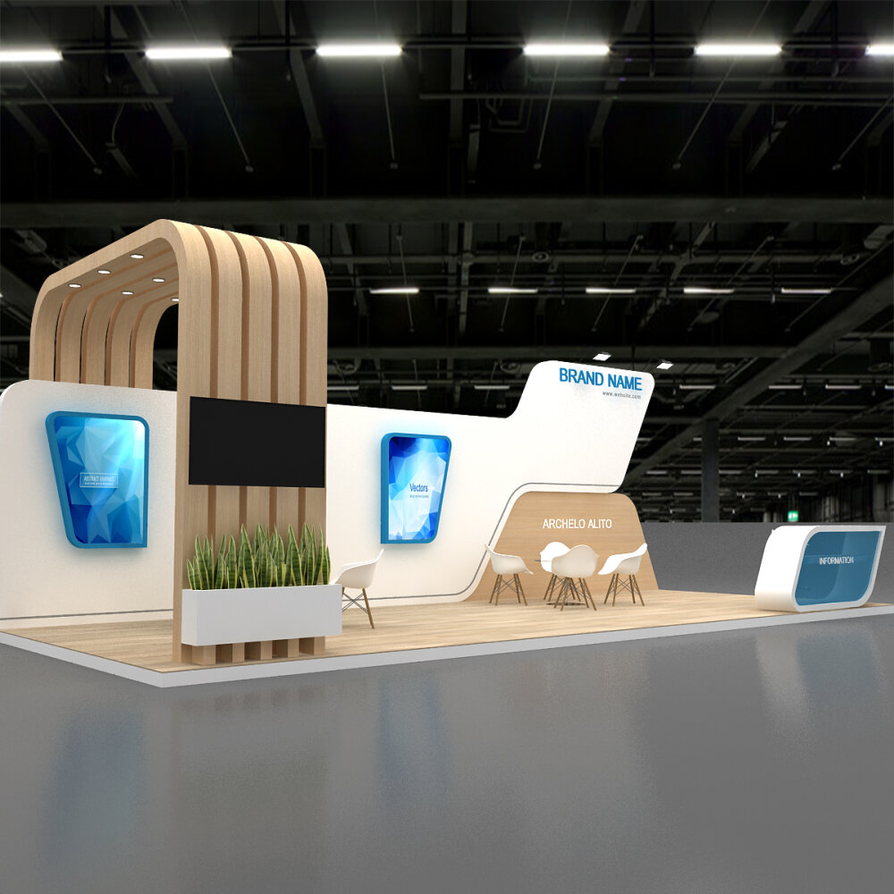 Exhibition Booth Design with Wooden Accents and Digital Displays 3D ...