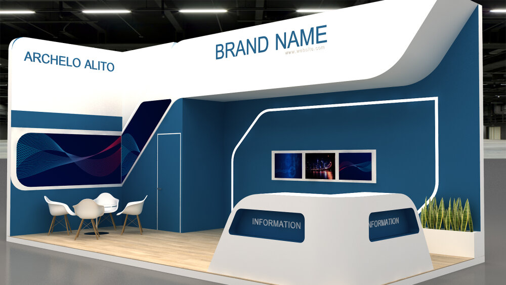 Exhibition Booth Design with Information Kiosk and Seating Area 3D ...