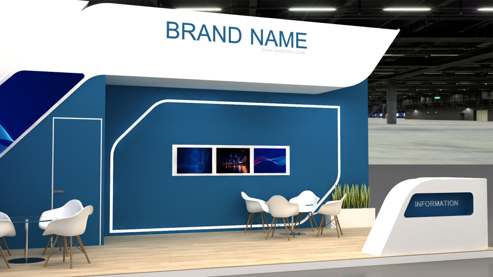 Exhibition Booth Design with Information Kiosk and Seating Area 3D ...