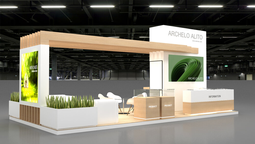 Exhibition Booth with Wooden Accents and Information Desk 3D model ...