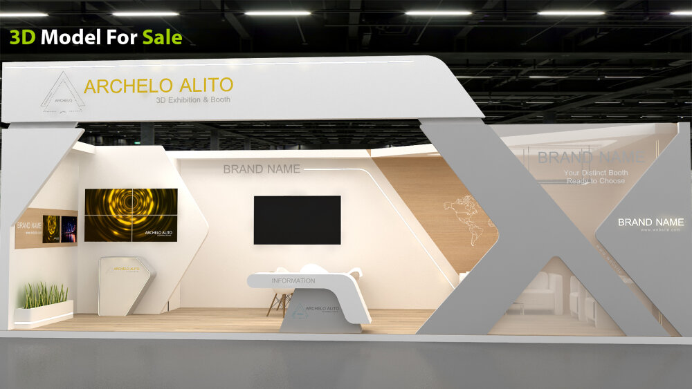 Exhibition Booth Design with Seating Area and Display Wall 3D model ...