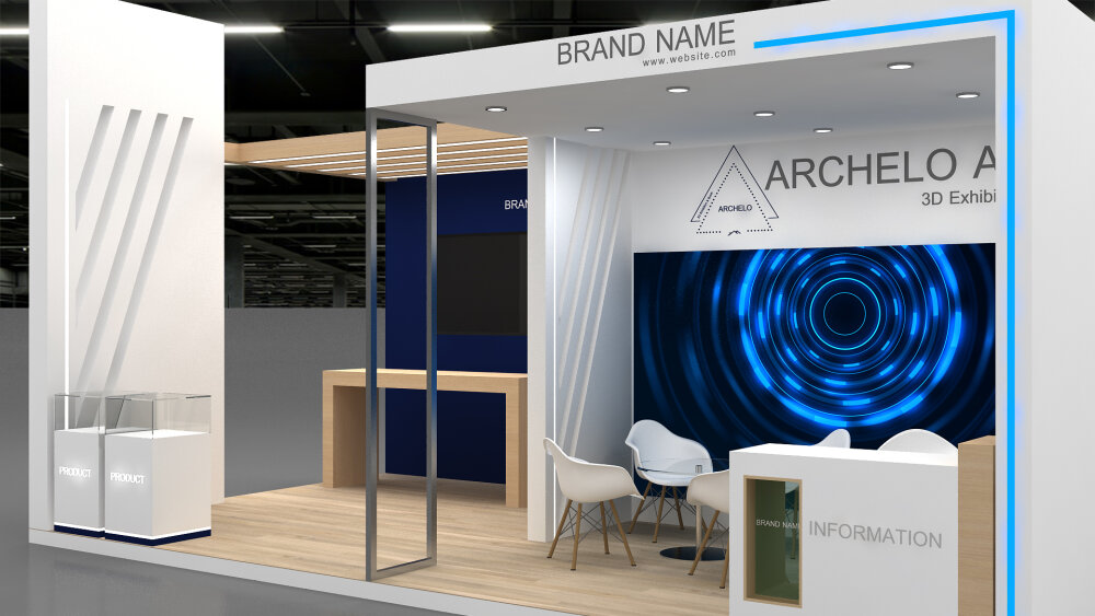 Architectural Exhibition Booth with Brand Signage and Seating Area 3D ...