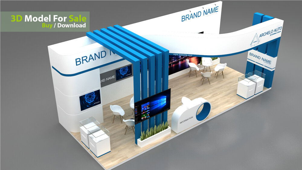 Trade Show Booth with Blue Accents and Multimedia Display 3D model ...