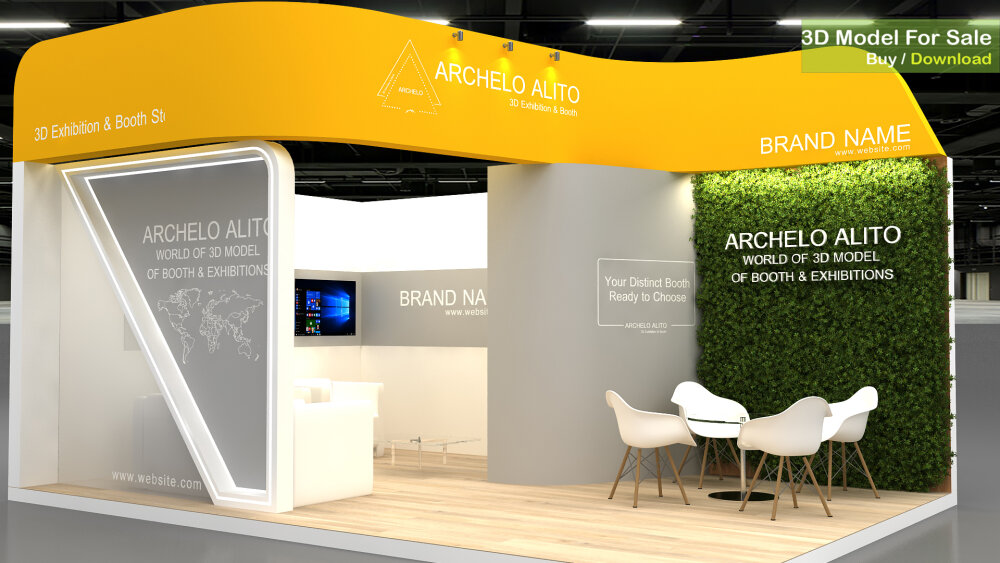Exhibition Booth Design with Curved Yellow Canopy 3D model - Download ...
