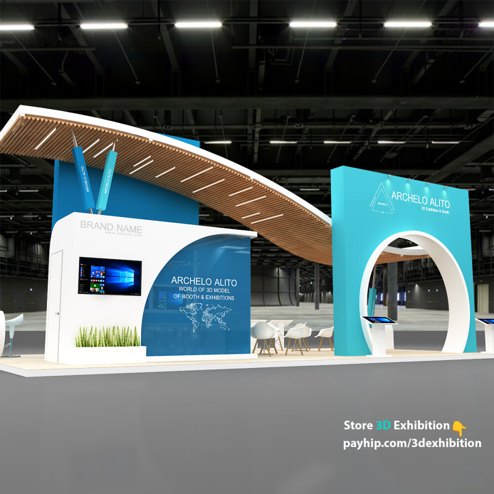 Expo Booth with Interactive Display and Curved Wooden Canopy 3D model ...